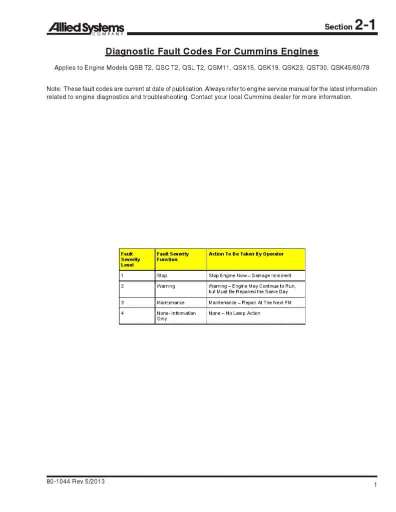 Diagnostic Fault Codes For Cummins Engines Manual PDF Download ...