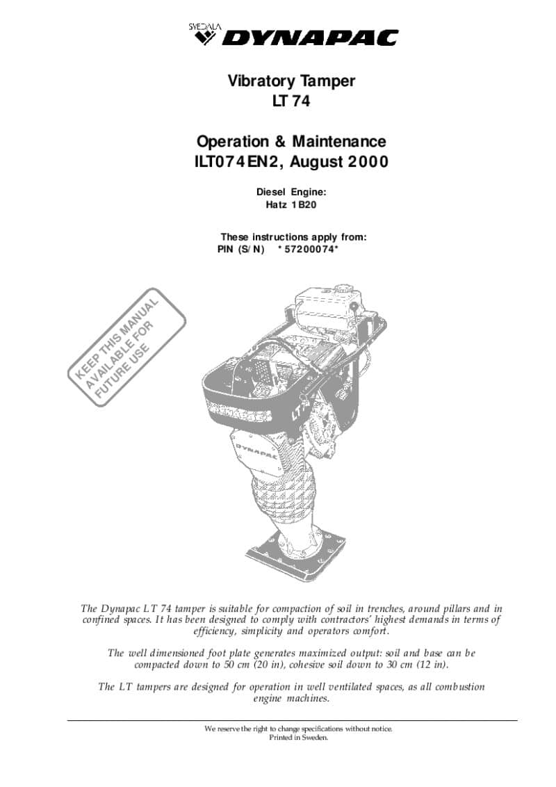 Dynapac LT 74 Operation and Maintenance Manual PDF Download - Service ...