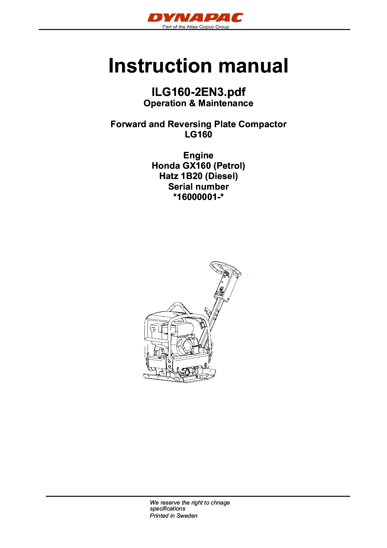 Dynapac LG160 - Operation & Maintenance manual ILG160-2EN manual PDF ...