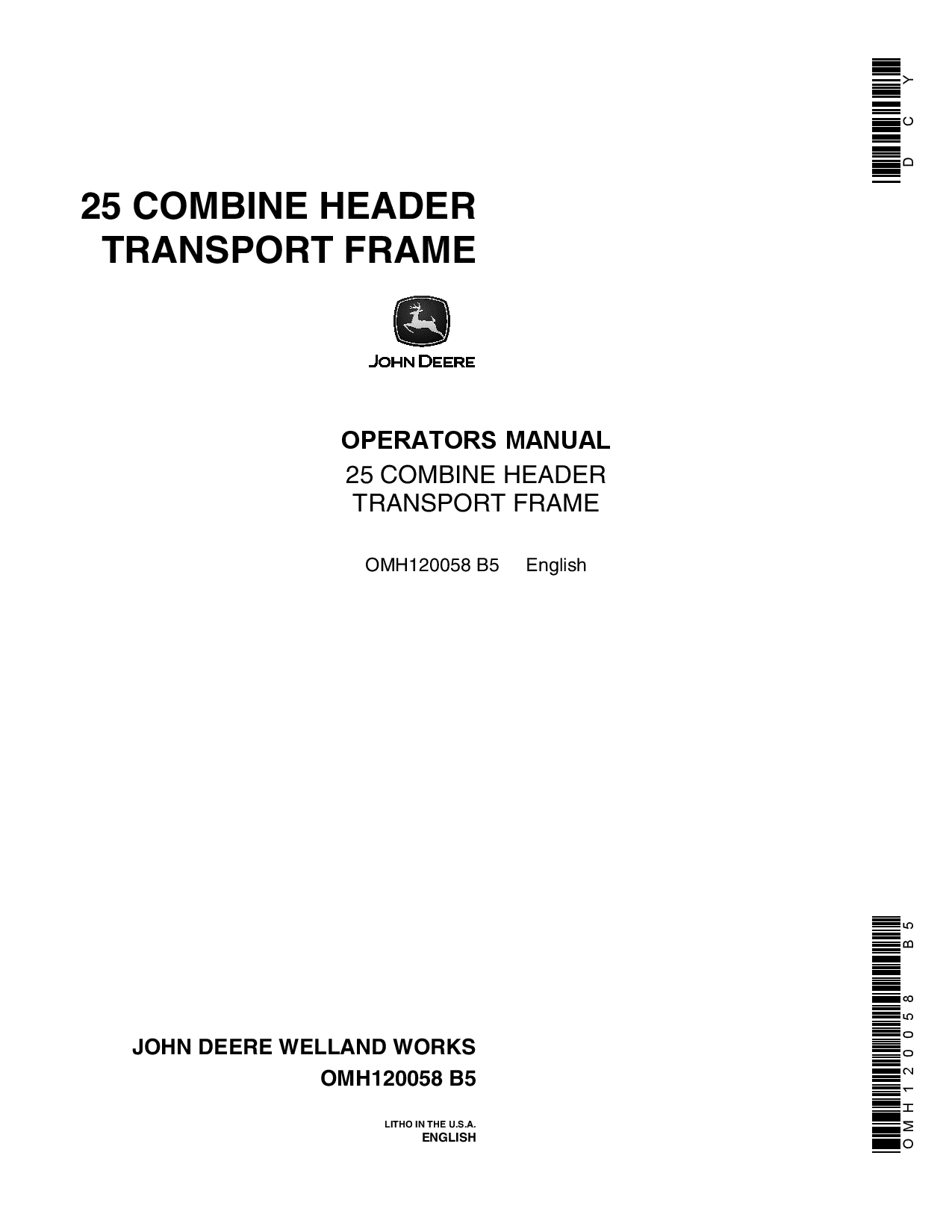 John Deere 25 Combine Header Transport Frame OMH120058 Operators and ...