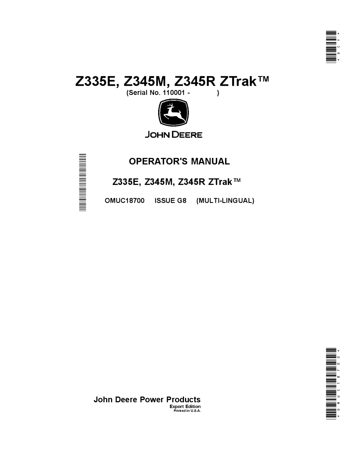 John Deere ZTrak Mowers models Z335E, Z335M, Z345M, Z345R, Z355E, Z355R ...