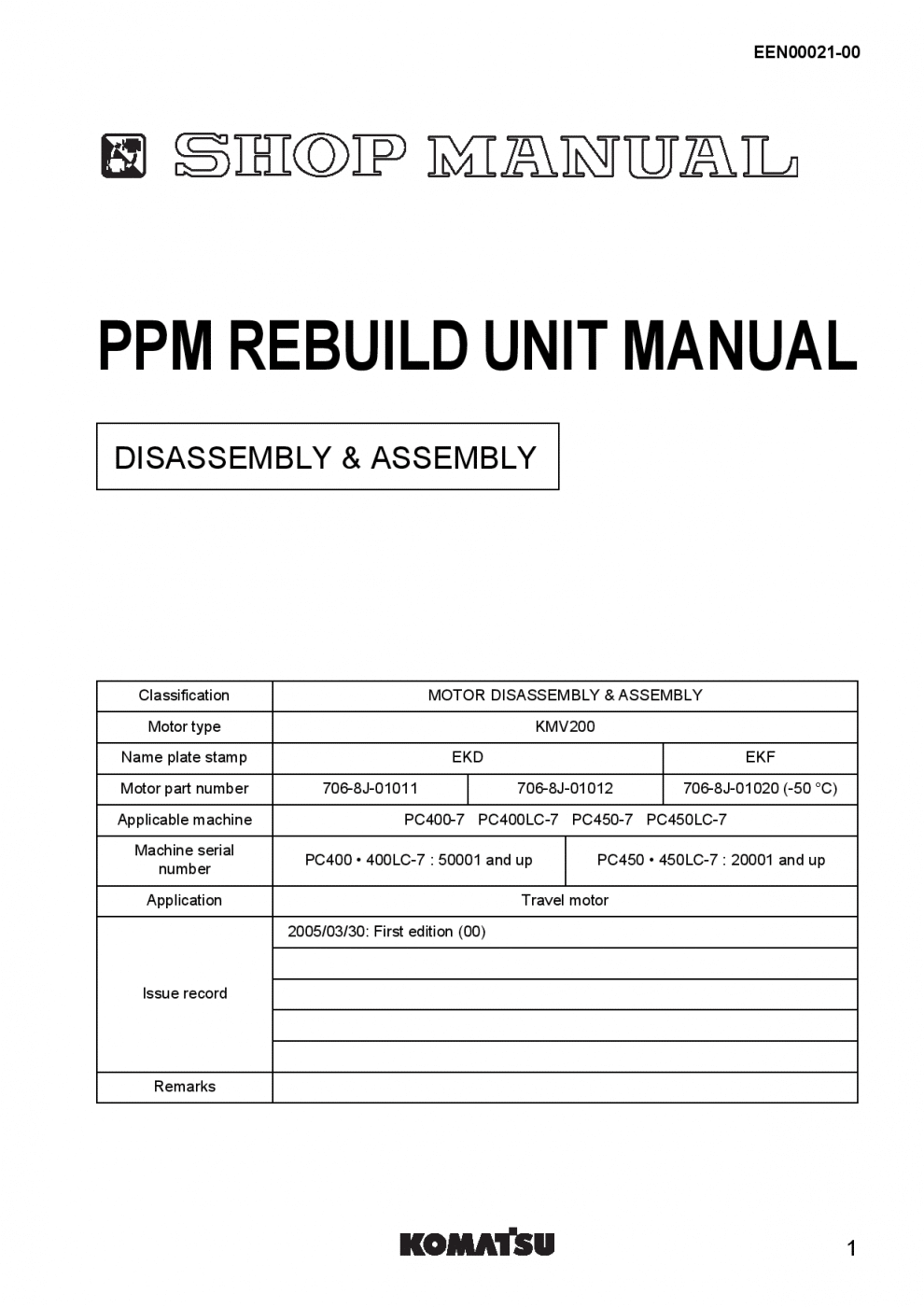 Disassy & Assy Procedure Pc450Lc-7 [Sn: 20001 - Up] Travel Motor Kmv200 ...