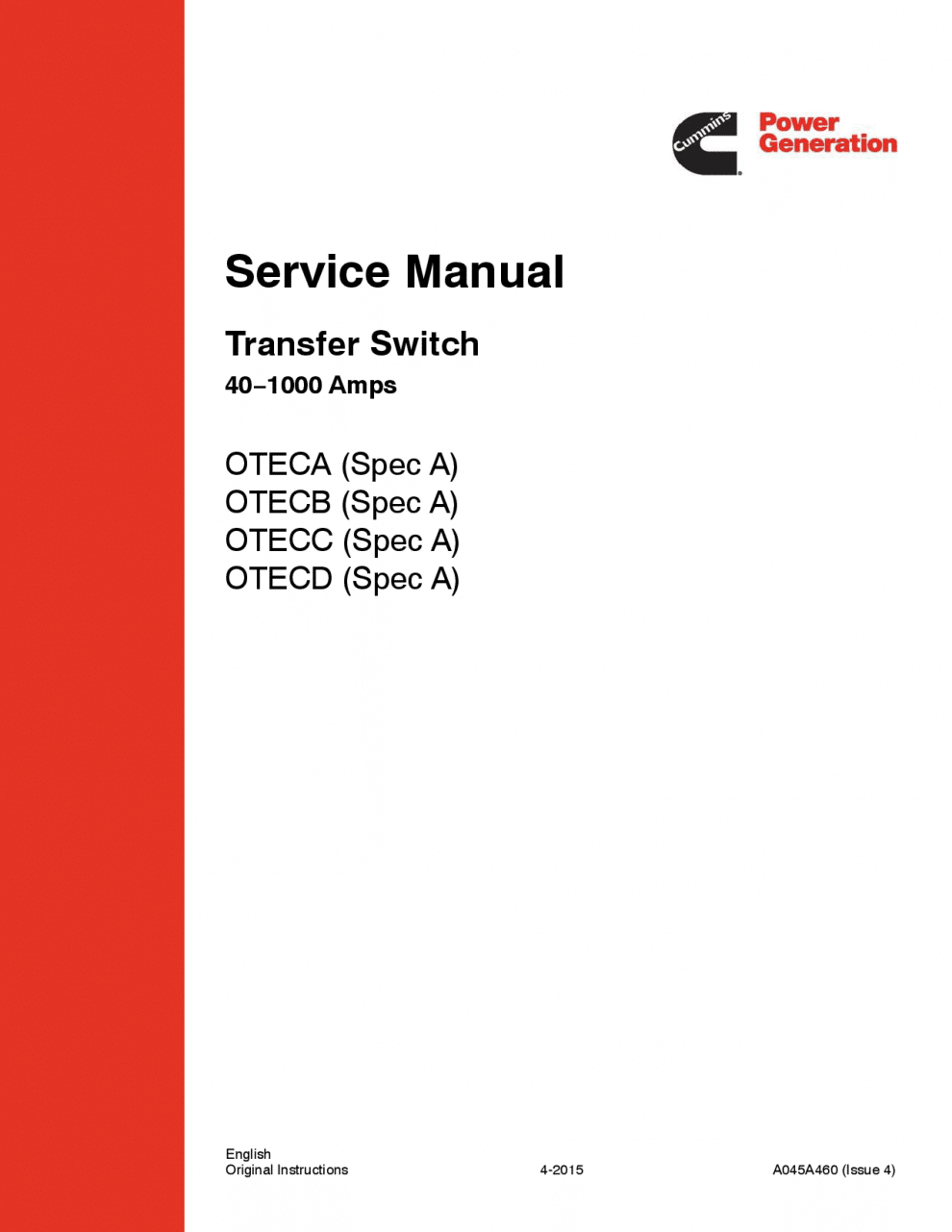 Cummins OTECA-D Transfer Switch, 40-1200 Amps Service Manual PDF ...