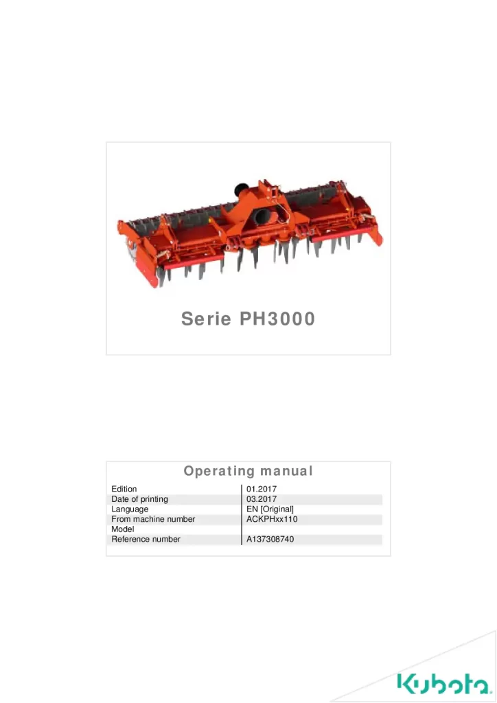 Kubota PH2000 PH3000 Power harrows 2017 Operation Maintenance Manual ...