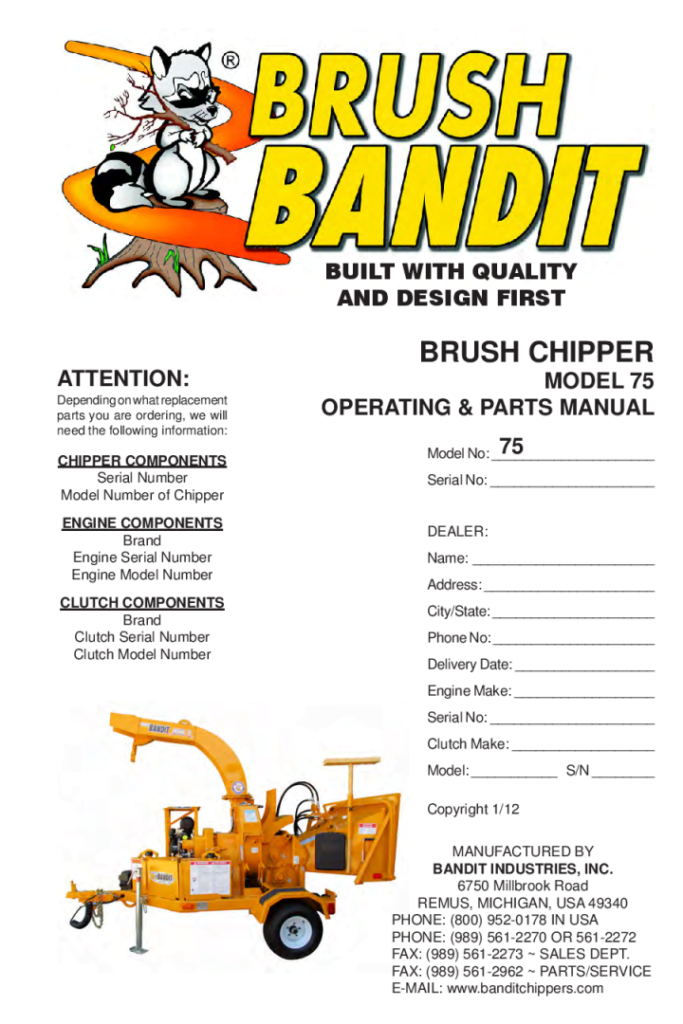 Bandit 490 Model Brush Chippers Operation and Parts Manual PDF Download ...