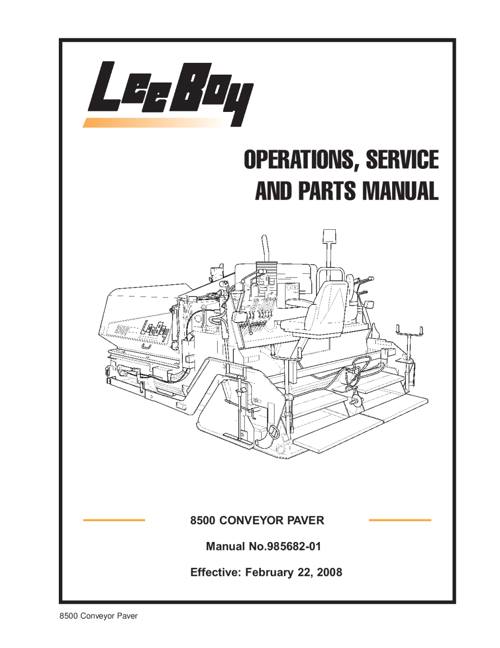 LeeBoy 8500 Conveyor Paver Operators Maintenance and Parts Manual PDF ...