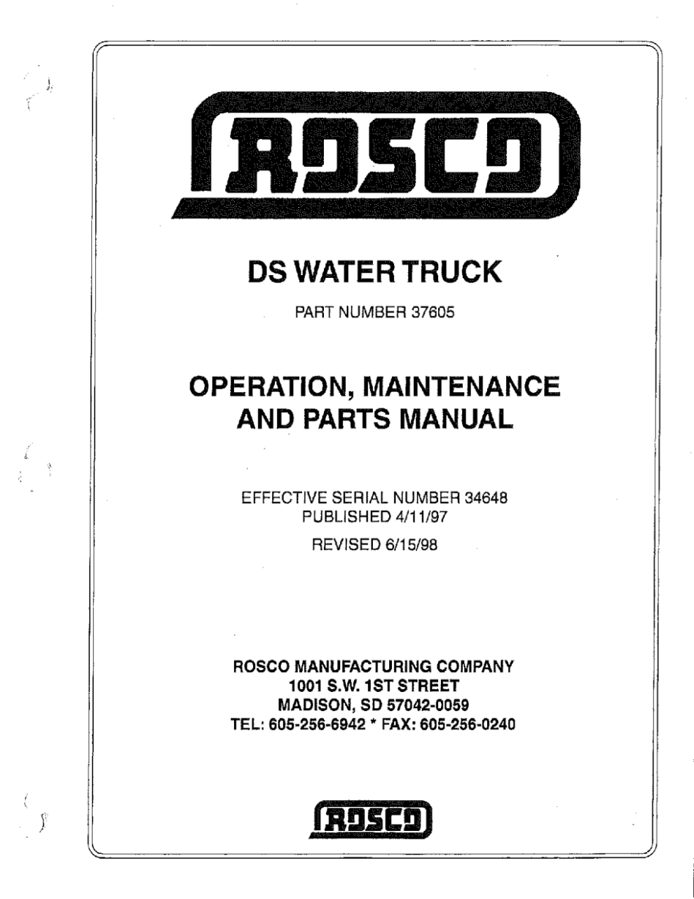 Rosco DS Water Truck Operation Maintenance Service and Parts Manual PDF ...