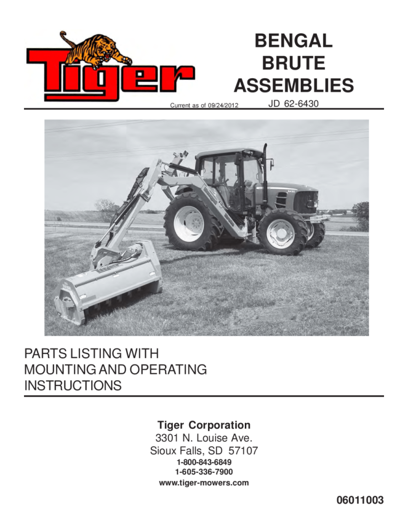 Tiger John Deere JD 62-6430 BENGAL BRUTE Mower Operation and Parts ...