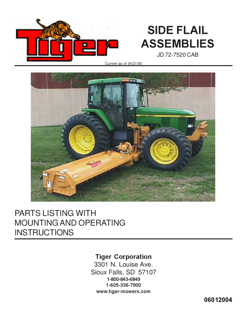Tiger John Deere JD 72-7520 CAB SIDE FLAIL Mower Operation and Parts ...