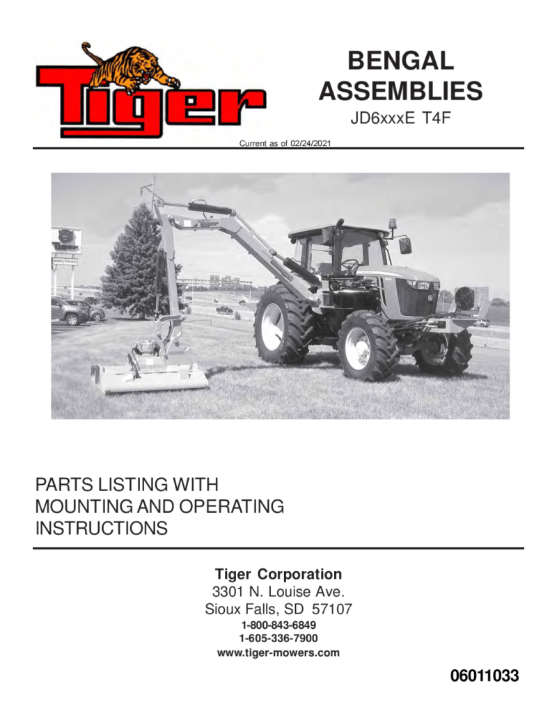 Tiger John Deere JD6xxxE T4F BENGAL Mower Operation and Parts Manual ...