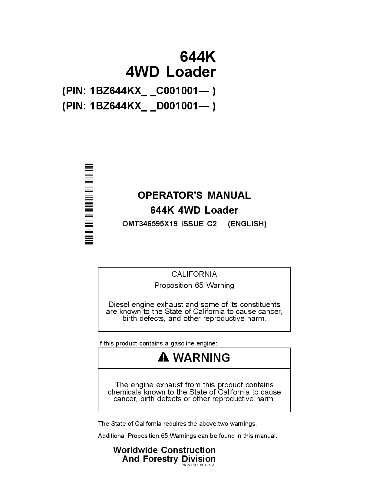 John Deere 644K 4WD Loader Construction Serial C001001 D001001 ...