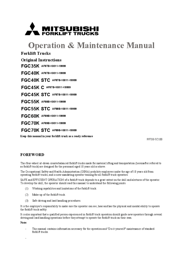 Mitsubishi FGC40K STC FGC55K STC FGC70K STC FGC45K C Forklift Trucks ...